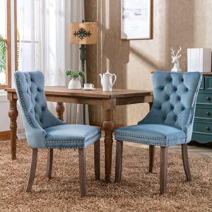 Winwee Set of 2 Dining Chairs Leisure Padded Chair, Tufted Solid Wood Velvet Upholstered Dining Chair with Nailhead Trim& Ring Pull for Kitchen, Living Room (Light Blue)