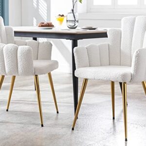 VESCASA Sherpa Accent Chairs with Petal Back, Mid-Century Modern Upholstered Dining Chairs with Arms, Makeup Vanity Chairs with Gold Metal Legs for Living Room/Bedroom, Set of 2, White