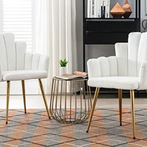 VESCASA Sherpa Accent Chairs with Petal Back, Mid-Century Modern Upholstered Dining Chairs with Arms, Makeup Vanity Chairs with Gold Metal Legs for Living Room/Bedroom, Set of 2, White