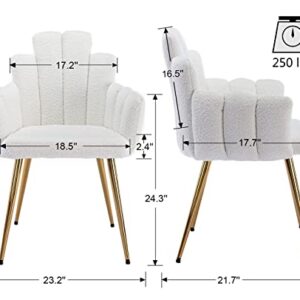 VESCASA Sherpa Accent Chairs with Petal Back, Mid-Century Modern Upholstered Dining Chairs with Arms, Makeup Vanity Chairs with Gold Metal Legs for Living Room/Bedroom, Set of 2, White