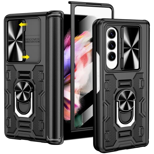 VEGO for Galaxy Z Fold 3 Case with Camera Cover, Hinge Protection Case with Front Screen Protector & 360°Ring Magnetic Kickstand Protective Armor Case for Samsung Galaxy Z Fold 3 - Midnight Black