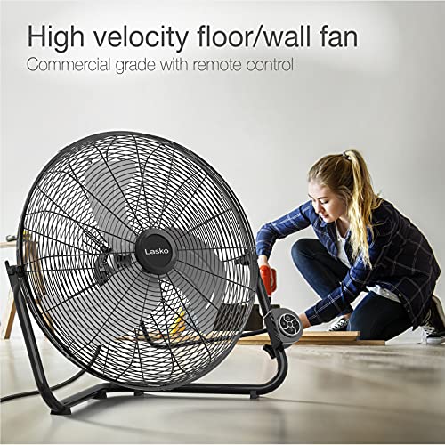 Lasko Metal Commercial Grade Electric Plug-In High Velocity Floor Fan with Wall Mount Option and Remote Control, Black & 20" High Velocity Quick Mount, Converts from a Floor Wall Fan, 7x22x22 inches