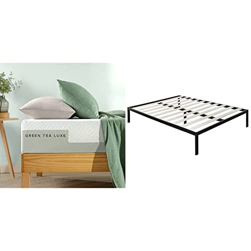 Zinus 10 Inch Green Tea Luxe Memory Foam Mattress/Pressure Relieving/CertiPUR-US Certified/Bed-in-a-Box/All-New, Queen & Korey Metal Platform Bed Frame with Upholstered Headboard, Queen