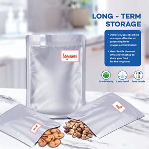 IOSSA 100 Pcs Mylar Bags for Food Storage with Oxygen Absorbers 100x300cc, Resealable Locked Long Term Food Storage, Stand-Up Zipper Pouches, Mylar Bag with Labels & Clips & Pen