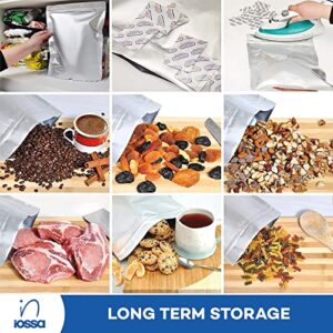 IOSSA 100 Pcs Mylar Bags for Food Storage with Oxygen Absorbers 100x300cc, Resealable Locked Long Term Food Storage, Stand-Up Zipper Pouches, Mylar Bag with Labels & Clips & Pen