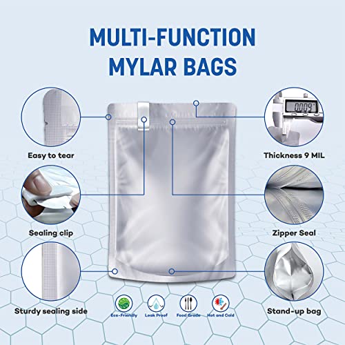 IOSSA 100 Pcs Mylar Bags for Food Storage with Oxygen Absorbers 100x300cc, Resealable Locked Long Term Food Storage, Stand-Up Zipper Pouches, Mylar Bag with Labels & Clips & Pen