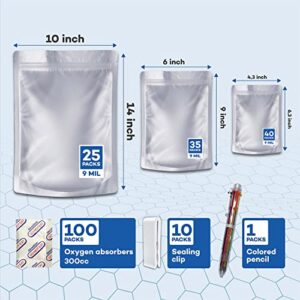 IOSSA 100 Pcs Mylar Bags for Food Storage with Oxygen Absorbers 100x300cc, Resealable Locked Long Term Food Storage, Stand-Up Zipper Pouches, Mylar Bag with Labels & Clips & Pen