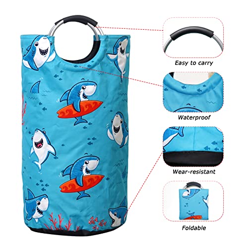 ROOMLINE Laundry Baskets Collapsible Waterproof 82L - Portable Folding Shark Laundry Hamper with Handles - Large Storage Basket for Bedroom Laundry Room Dorm Organization - Blue