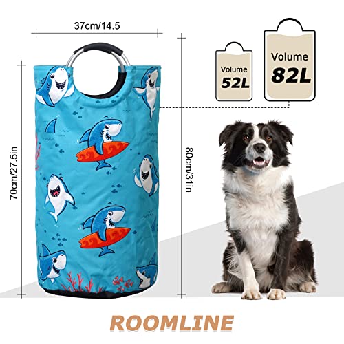 ROOMLINE Laundry Baskets Collapsible Waterproof 82L - Portable Folding Shark Laundry Hamper with Handles - Large Storage Basket for Bedroom Laundry Room Dorm Organization - Blue