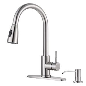 wowow kitchen sink faucet with soap dispenser, stainless steel pull down kitchen faucet brushed nickel utility sink faucet single handle high arc kitchen tap for sink, rv, laundry, bar