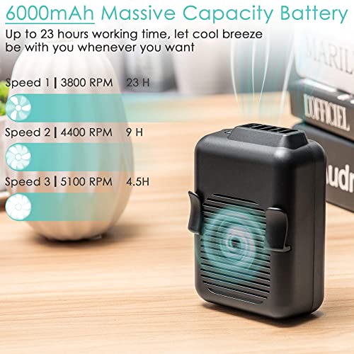 panergy Rechargeable 6000mAh Portable Waist Clip Fan, Necklace Fan with 23H Working Time, 3 Speeds, 5100RPM Strong Airflow for Outdoor Works, Farm, Gardening, Hiking