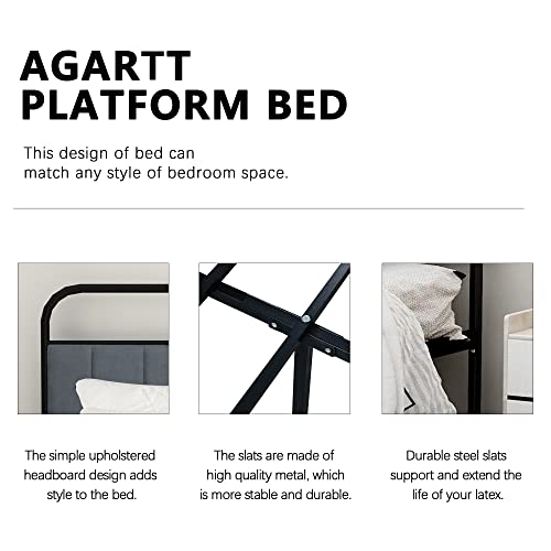 AGARTT Metal Platform Full Size Bed Frame with Upholstered Headboard Metal Slat Support Noise-Free No Box Spring Needed Dark Grey