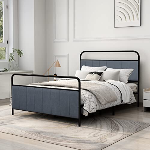 AGARTT Metal Platform Full Size Bed Frame with Upholstered Headboard Metal Slat Support Noise-Free No Box Spring Needed Dark Grey