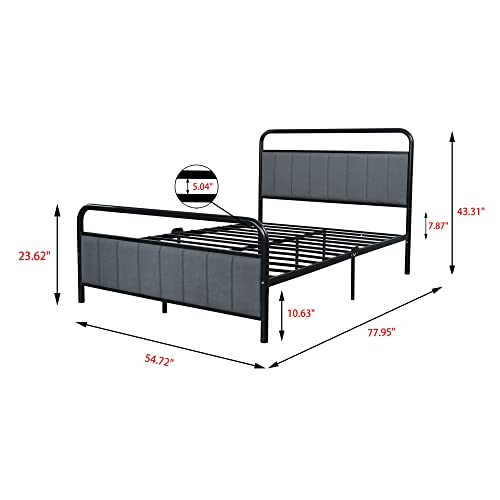 AGARTT Metal Platform Full Size Bed Frame with Upholstered Headboard Metal Slat Support Noise-Free No Box Spring Needed Dark Grey