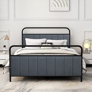 AGARTT Metal Platform Full Size Bed Frame with Upholstered Headboard Metal Slat Support Noise-Free No Box Spring Needed Dark Grey