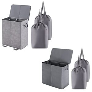 lifewit 136l double laundry hamper, bundle with 105l double laundry hamper with lid and removable laundry bags, grey