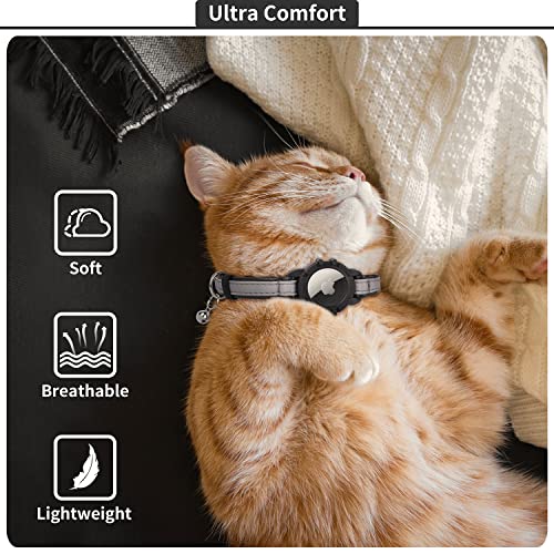 Reflective AirTag Cat Collar, FEEYAR Integrated Air Tag Cat Collar for Apple, Leather GPS Cat Collar with AirTag Holder and Bell [Black], Tracker Cat Collars for Girl Boy Cats, Kittens and Puppies