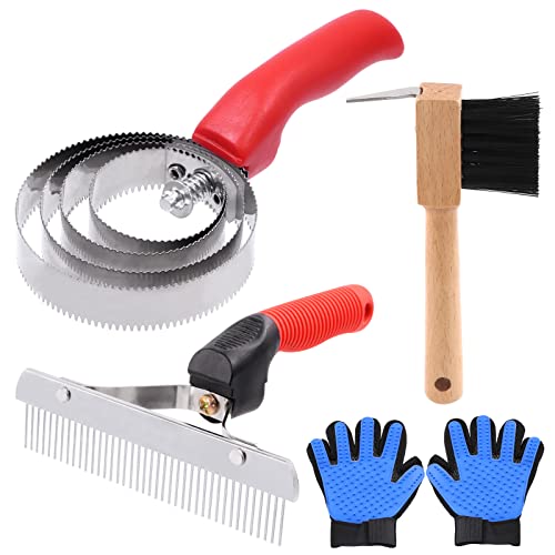 Mardatt 5Pcs Horse Groomer Tools Set Includes 4-Rings Reversible Stainless Steel Curry Comb, Grooming brushes and Gentle Deshedding Brush Gloves for Long & Short Fur Horse Pet Bathing Cleaning