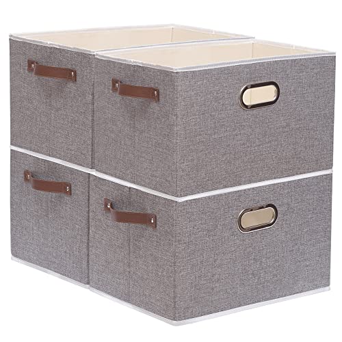 Yawinhe Collapsible Storage Bins, 12.99 x 9.05 x 7.87 Inch, Cube Storage Bins, Fabric Foldable Storage Bins Organizer Containers with Dual Leather Handles for Home Closet Office (Grey, 4-Pack)