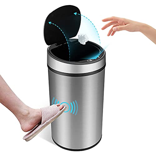 TekMango 12L Smart Touchless Sensor Trash Can for Home Kitchen Bedroom Living Room, 3 Gal Automatic Trash can for Office Hotel Restaurant Resort, Stainless Steel Infrared Motion Dustbin - Silver