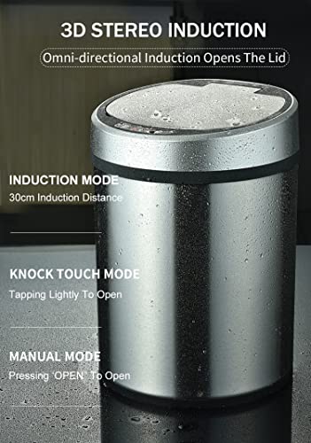 TekMango 12L Smart Touchless Sensor Trash Can for Home Kitchen Bedroom Living Room, 3 Gal Automatic Trash can for Office Hotel Restaurant Resort, Stainless Steel Infrared Motion Dustbin - Silver