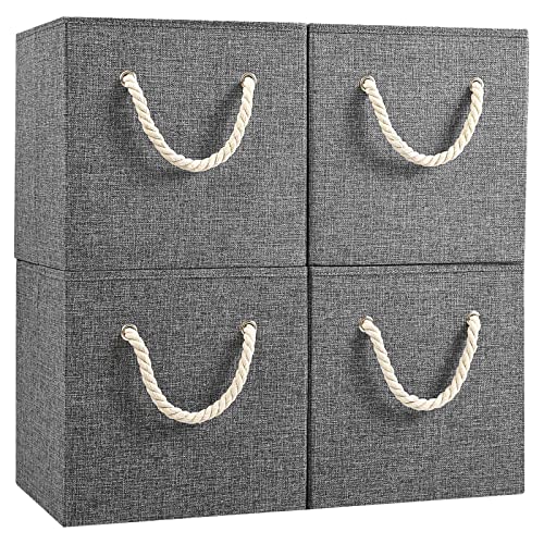 Yawinhe Collapsible Storage Basket 4-Pack, Open Storage Cube Bins with Thick Rope Handles, for Organizing, Shelves, Toys, Clothes, Office, 12.6x12.6x12.6in, Grey, SNK033G-4