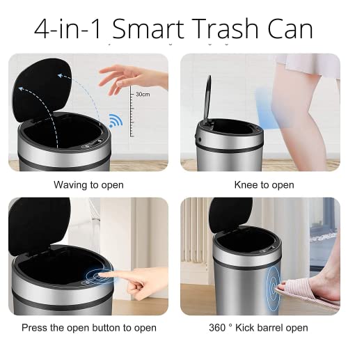 TekMango 8L Smart Touchless Sensor Trashcan for Home Kitchen Bedroom Living Room, 2 Gal Automatic Trash can for Office Hotel Restaurant Resort, Stainless Steel Infrared Motion Trash Can-Silver