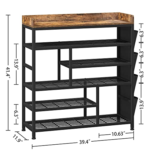 EnHomee Shoe Rack for Entryway Metal Shoe Racks with Boots Storage for 18-22 Pairs Free Standing Entryway Shoes Rack Sturdy Shoe Shelf Wooden Top & Side Pocket for Entry, Entrance, Hallway, Black