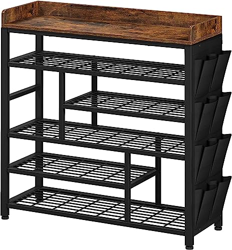 EnHomee Shoe Rack for Entryway Metal Shoe Racks with Boots Storage for 18-22 Pairs Free Standing Entryway Shoes Rack Sturdy Shoe Shelf Wooden Top & Side Pocket for Entry, Entrance, Hallway, Black