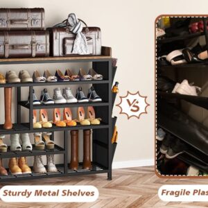 EnHomee Shoe Rack for Entryway Metal Shoe Racks with Boots Storage for 18-22 Pairs Free Standing Entryway Shoes Rack Sturdy Shoe Shelf Wooden Top & Side Pocket for Entry, Entrance, Hallway, Black