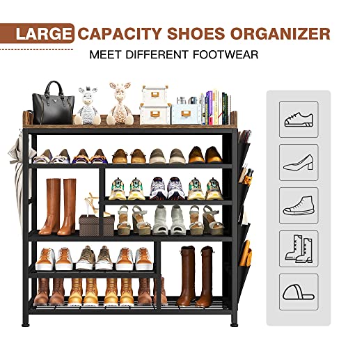 EnHomee Shoe Rack for Entryway Metal Shoe Racks with Boots Storage for 18-22 Pairs Free Standing Entryway Shoes Rack Sturdy Shoe Shelf Wooden Top & Side Pocket for Entry, Entrance, Hallway, Black