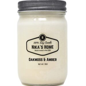 nika's home oakmoss & amber soy candle 12oz mason jar non-toxic white soy handmade, long burning 50-60 hours highly scented all natural, clean burning candle gift décor