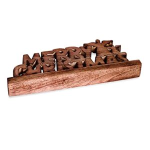 Earthly Home Christmas Wooden Tabletop Decoration,Merry Christmas Wooden Words Sign LED Snowflake Centerpiece Wooden Plaque Free Standing Wood Sign for Xmas Table Party 16x7 inch