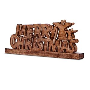 Earthly Home Christmas Wooden Tabletop Decoration,Merry Christmas Wooden Words Sign LED Snowflake Centerpiece Wooden Plaque Free Standing Wood Sign for Xmas Table Party 16x7 inch