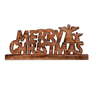 Earthly Home Christmas Wooden Tabletop Decoration,Merry Christmas Wooden Words Sign LED Snowflake Centerpiece Wooden Plaque Free Standing Wood Sign for Xmas Table Party 16x7 inch