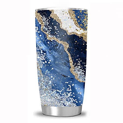 WOMHOPE 20 oz Tumbler Insulated with Lid Stainless Steel Thermos Cofe Milk Beer Travel Mug Double Wall Marble(Sandy dark blue)