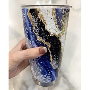 WOMHOPE 20 oz Tumbler Insulated with Lid Stainless Steel Thermos Cofe Milk Beer Travel Mug Double Wall Marble(Sandy dark blue)