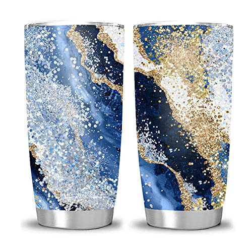 WOMHOPE 20 oz Tumbler Insulated with Lid Stainless Steel Thermos Cofe Milk Beer Travel Mug Double Wall Marble(Sandy dark blue)