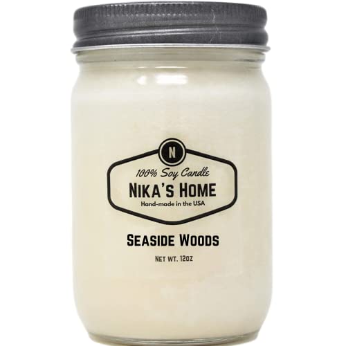 Nika's Home Seaside Wood Soy Candle 12oz Mason Jar Non-Toxic White Soy Handmade, Long Burning 50-60 Hours Highly Scented All Natural, Clean Burning Large Candle Gift Décor