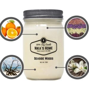 Nika's Home Seaside Wood Soy Candle 12oz Mason Jar Non-Toxic White Soy Handmade, Long Burning 50-60 Hours Highly Scented All Natural, Clean Burning Large Candle Gift Décor