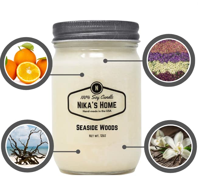 Nika's Home Seaside Wood Soy Candle 12oz Mason Jar Non-Toxic White Soy Handmade, Long Burning 50-60 Hours Highly Scented All Natural, Clean Burning Large Candle Gift Décor