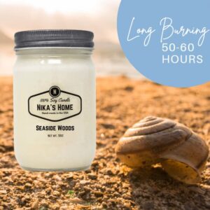 Nika's Home Seaside Wood Soy Candle 12oz Mason Jar Non-Toxic White Soy Handmade, Long Burning 50-60 Hours Highly Scented All Natural, Clean Burning Large Candle Gift Décor