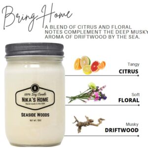 Nika's Home Seaside Wood Soy Candle 12oz Mason Jar Non-Toxic White Soy Handmade, Long Burning 50-60 Hours Highly Scented All Natural, Clean Burning Large Candle Gift Décor