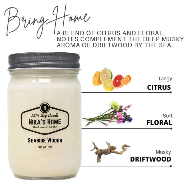 Nika's Home Seaside Wood Soy Candle 12oz Mason Jar Non-Toxic White Soy Handmade, Long Burning 50-60 Hours Highly Scented All Natural, Clean Burning Large Candle Gift Décor