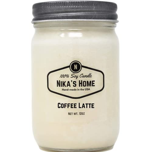 Nika's Home Coffee Latte Soy Candle - 12oz Mason Jar - Non-Toxic Soy Candle-Hand Poured Candle- Handmade, Long Burning Candle-Highly Scented Candle-All Natural, Clean Burning Candle