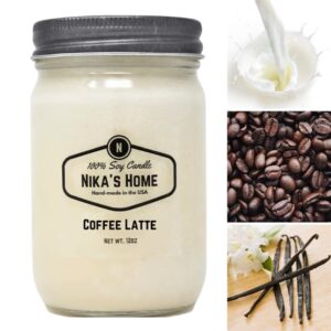 Nika's Home Coffee Latte Soy Candle - 12oz Mason Jar - Non-Toxic Soy Candle-Hand Poured Candle- Handmade, Long Burning Candle-Highly Scented Candle-All Natural, Clean Burning Candle