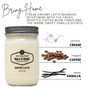 Nika's Home Coffee Latte Soy Candle - 12oz Mason Jar - Non-Toxic Soy Candle-Hand Poured Candle- Handmade, Long Burning Candle-Highly Scented Candle-All Natural, Clean Burning Candle