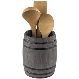 mygift utensil holder, 7 inch storage crock, vintage gray wood wine barrel shaped cooking tools container, farmhouse style kitchen decor