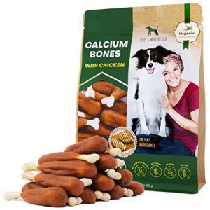 dog calcium bones wrapped chicken & rawhide free chew treats - pet healthy dried snacks & grain free organic meat - bulk best chews for christmas, training small & large dogs - made for usa