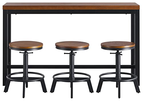 Signature Design by Ashley Quinidad Industrial 4 Piece Set including a Rectangle Counter Height Dining Room Counter Table and 3 Bar Stools, Black & Brown